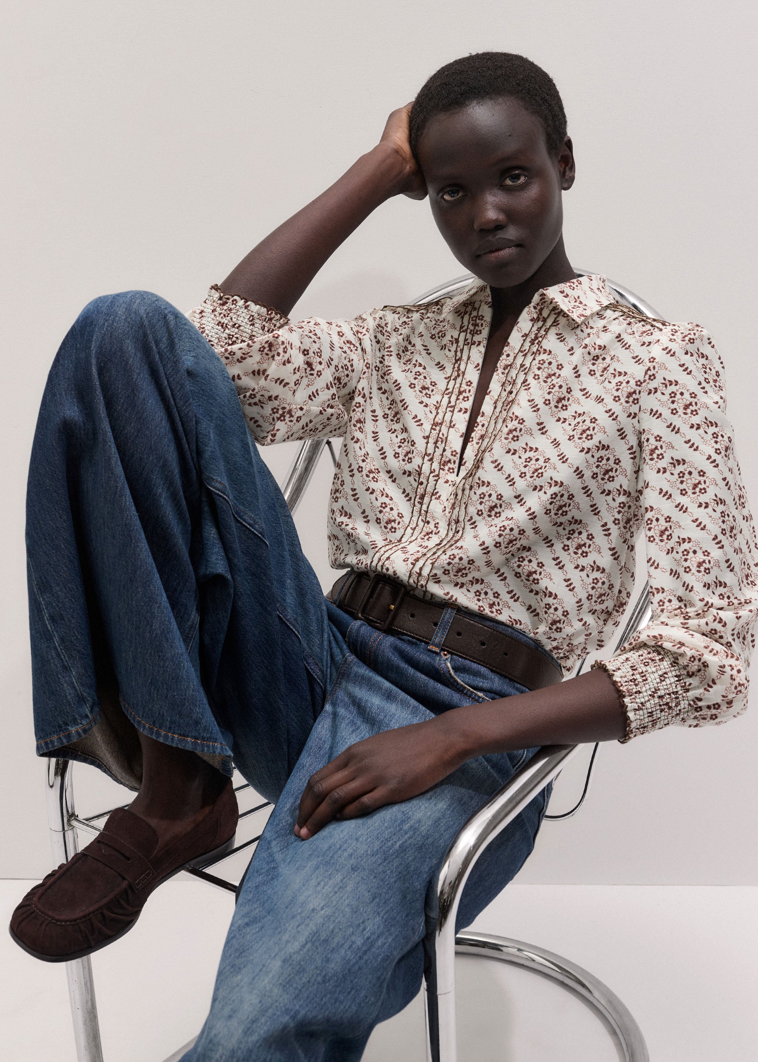 ME+EM diagonal floral print silk cotton blouse